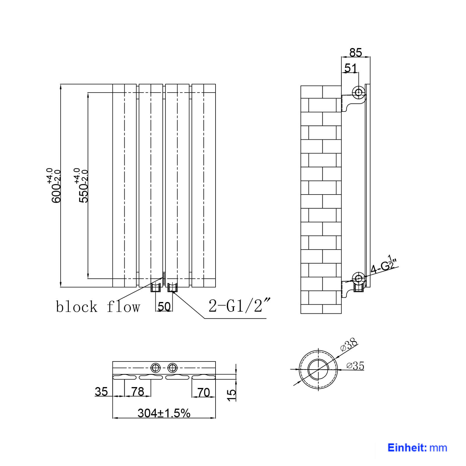 Radiateur de petite surface, connexion centrale horizontale monocouche ...